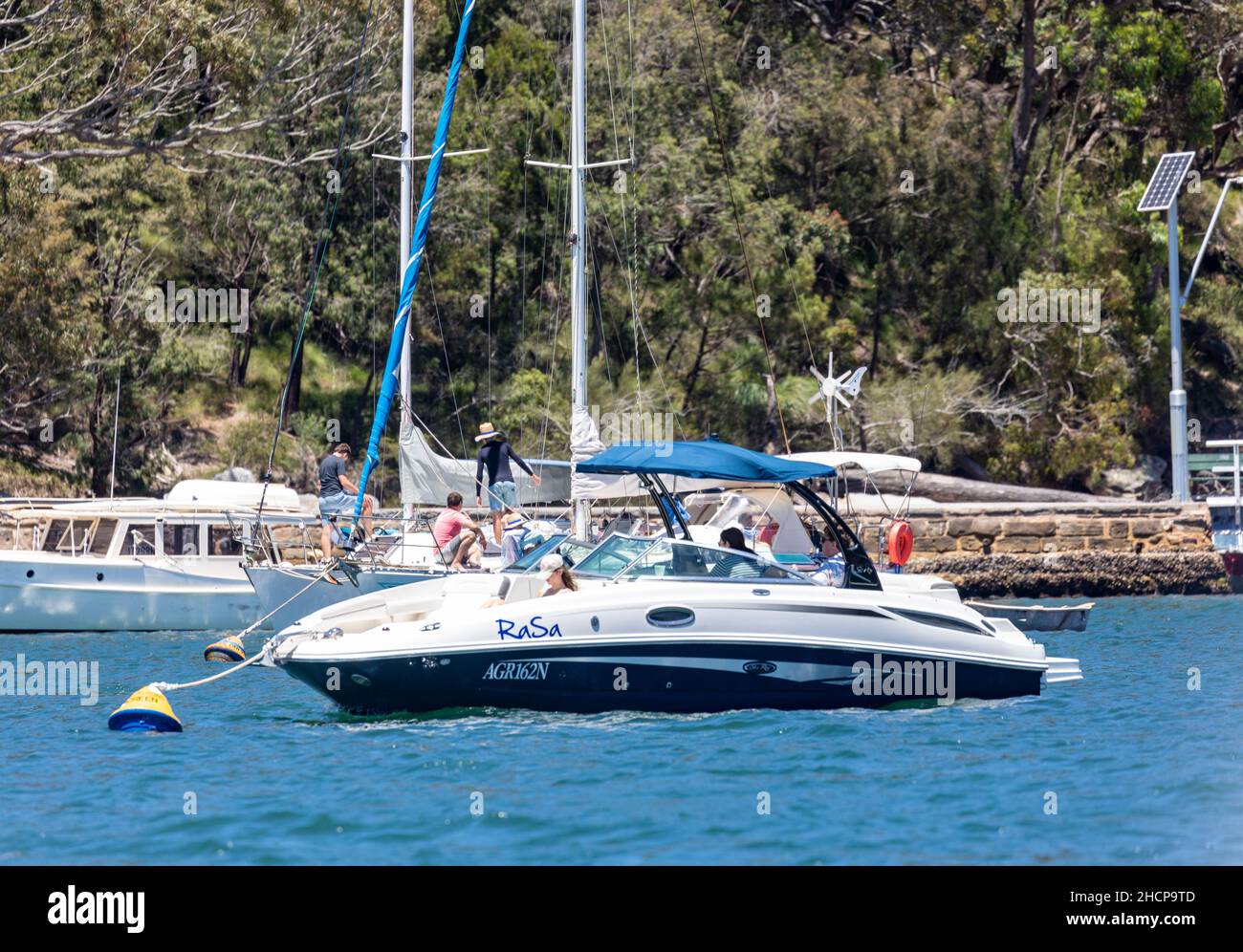 Bowrider boat moored at the basin campground area in Pittwater,Sydney ...