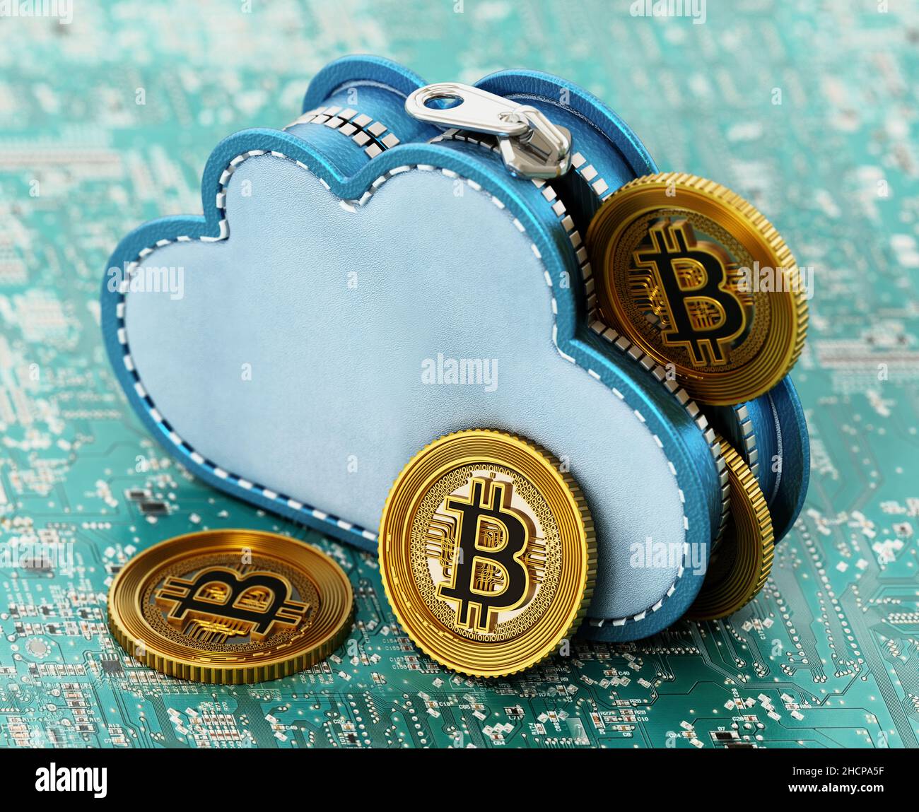 Cloud shaped coin purse and crypto money standing on green PCB. 3D ...