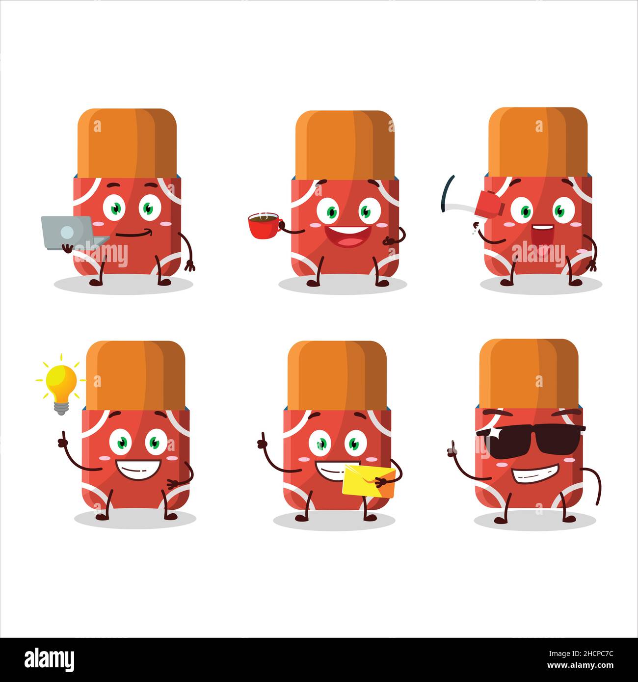 red eraser cartoon character with various types of business emoticons ...