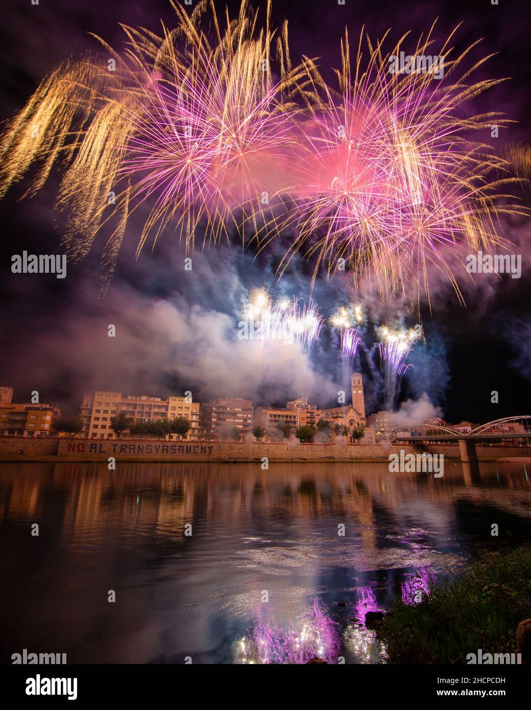 Views of Tortosa, Spain at night with fireworks over the river Stock ...