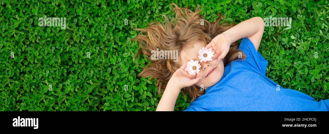 Banner with spring child face. Spring kid. Happy child enjoying on ...