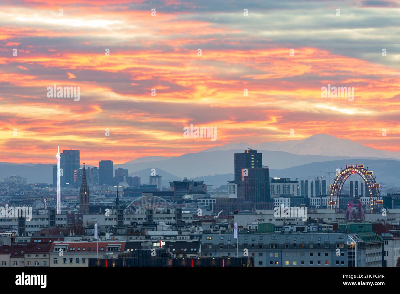 Wien, Vienna: fiery sunset at Vienna, Ferris Wheel, Prater, snow ...