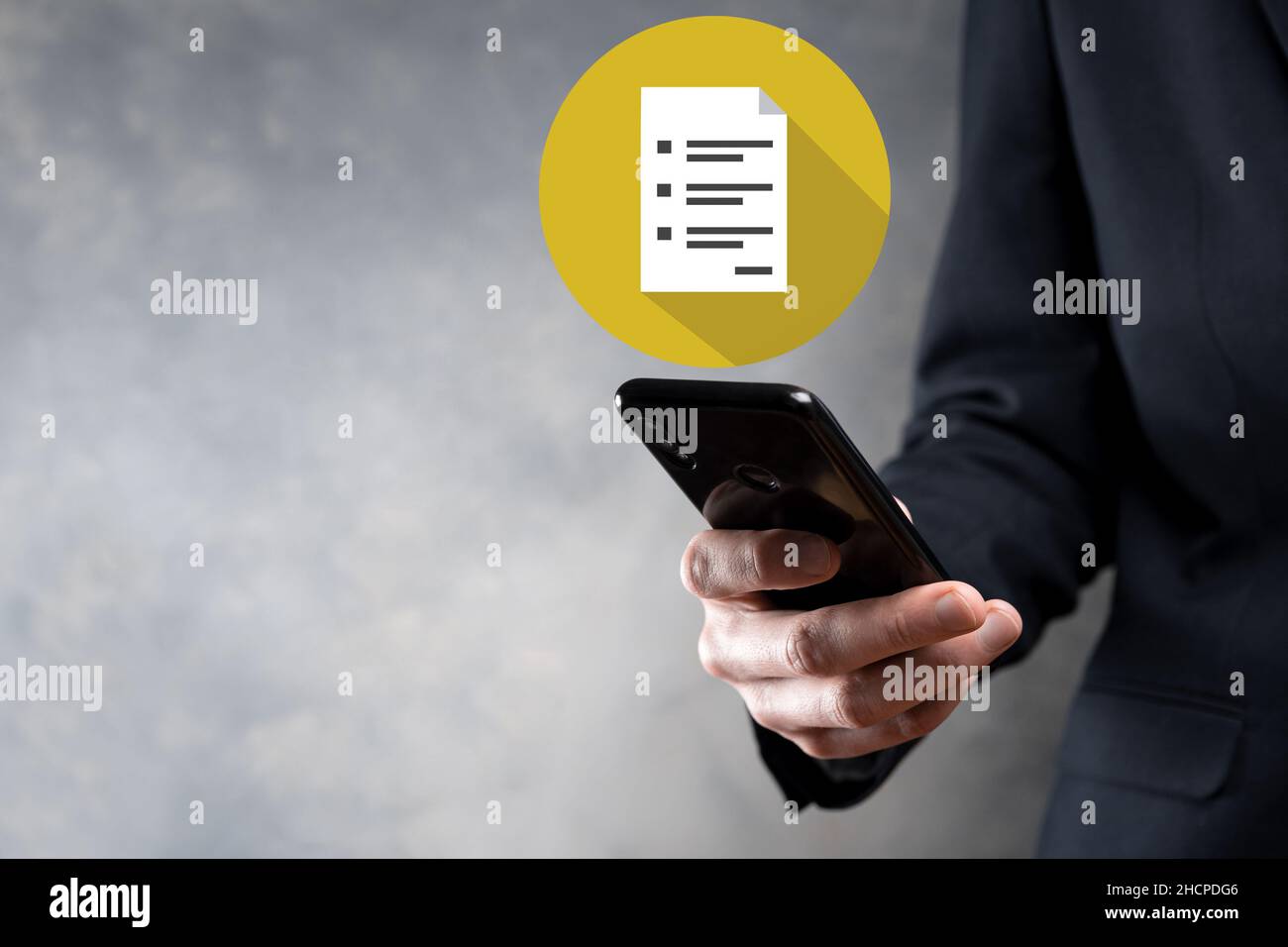 Businessman man holding a document icon in his hand Document Management ...