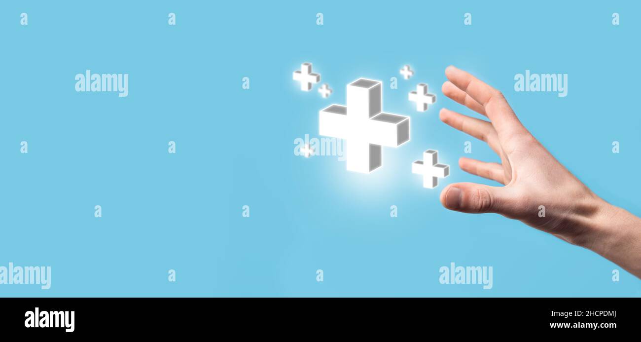 Hand hold 3D plus icon, man hold in hand offer positive thing such as ...