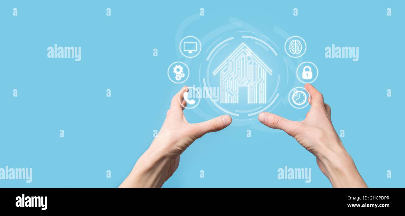 Hand hold house icon.Smart home controlled, intelligent house, and home ...