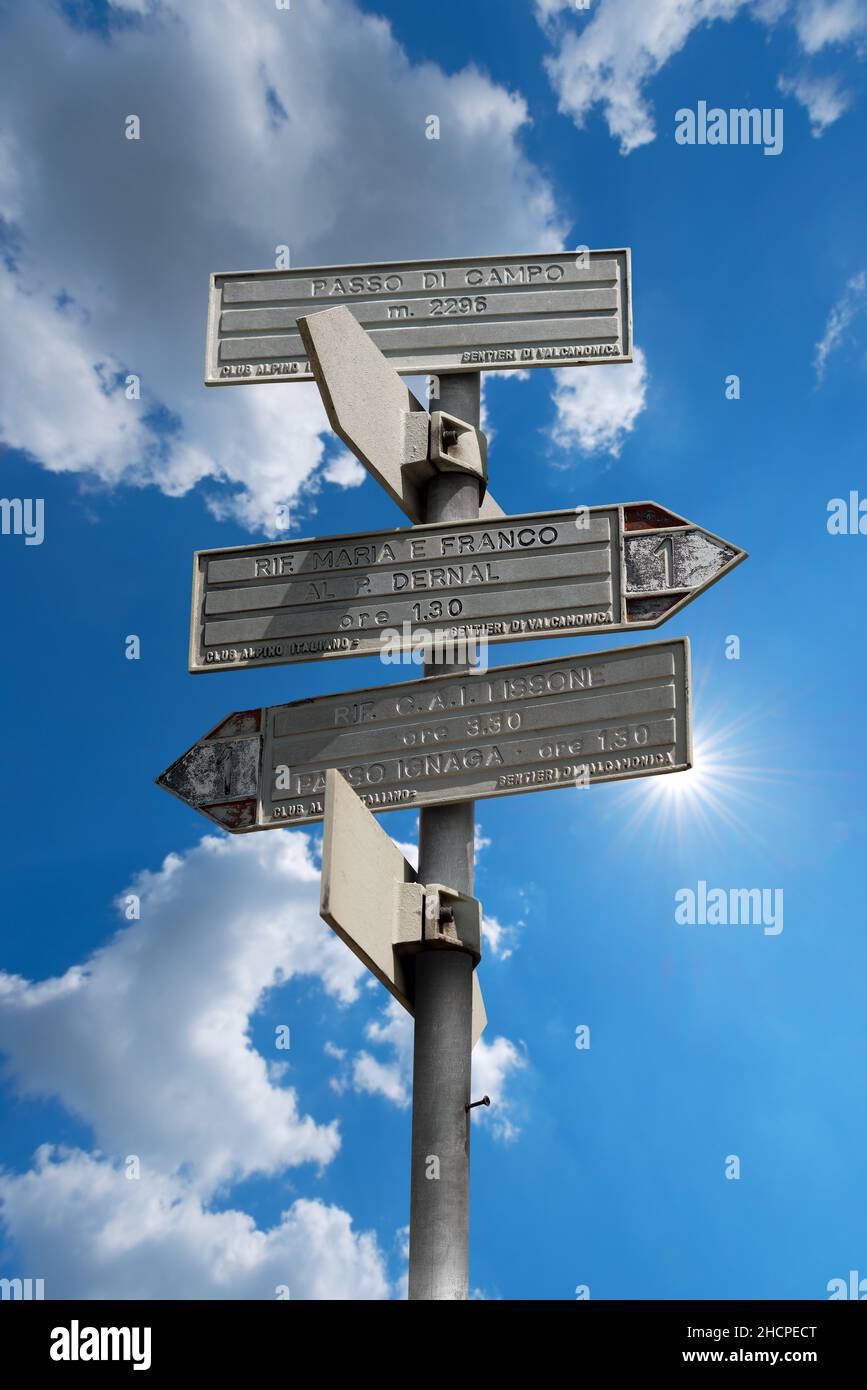 Typical directional trail signs in mountain in the National Park of ...