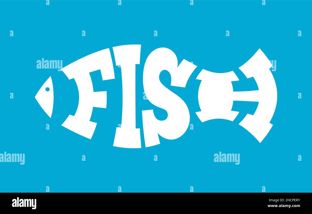Word fish in a shape of a fish. Blue background. Fresh sea food ...