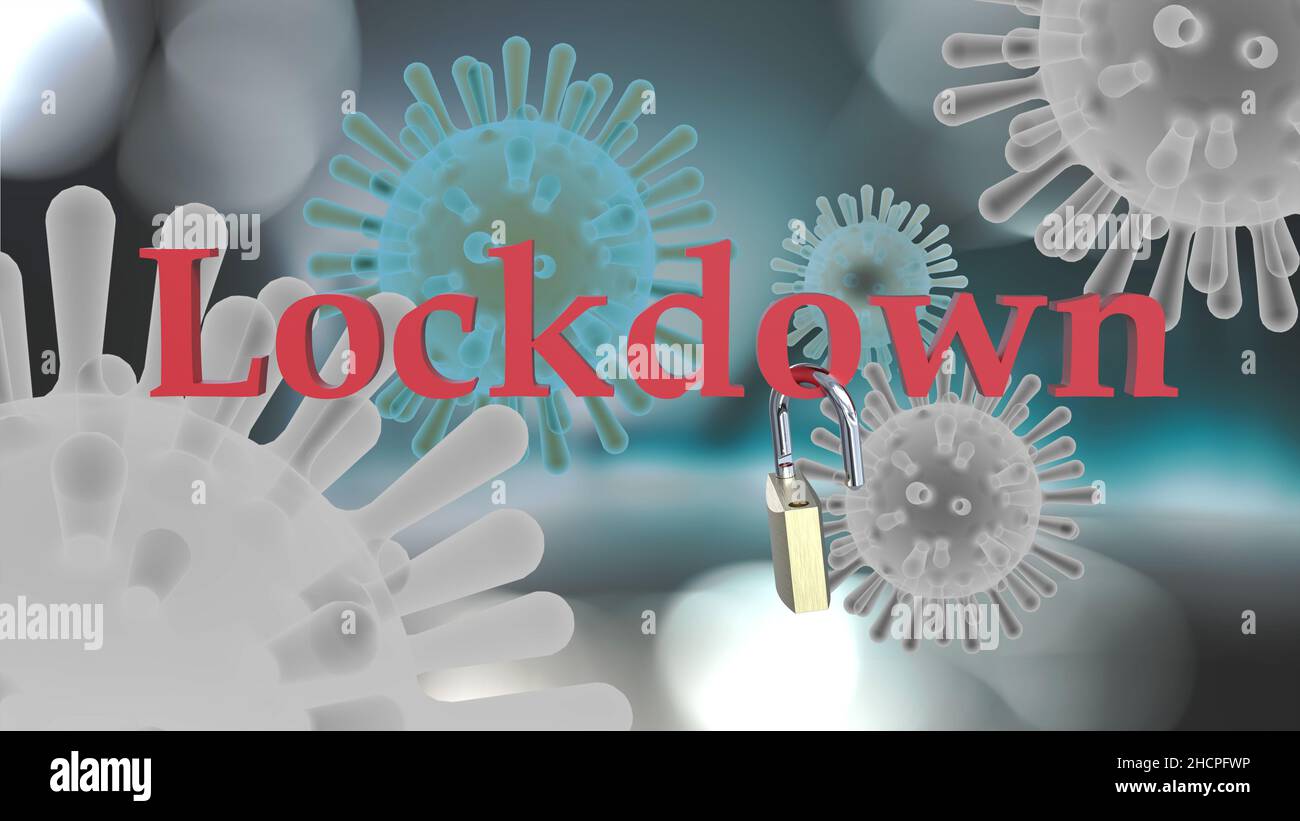 red block lockdown word with open padlock intermitting covid 19 like ...