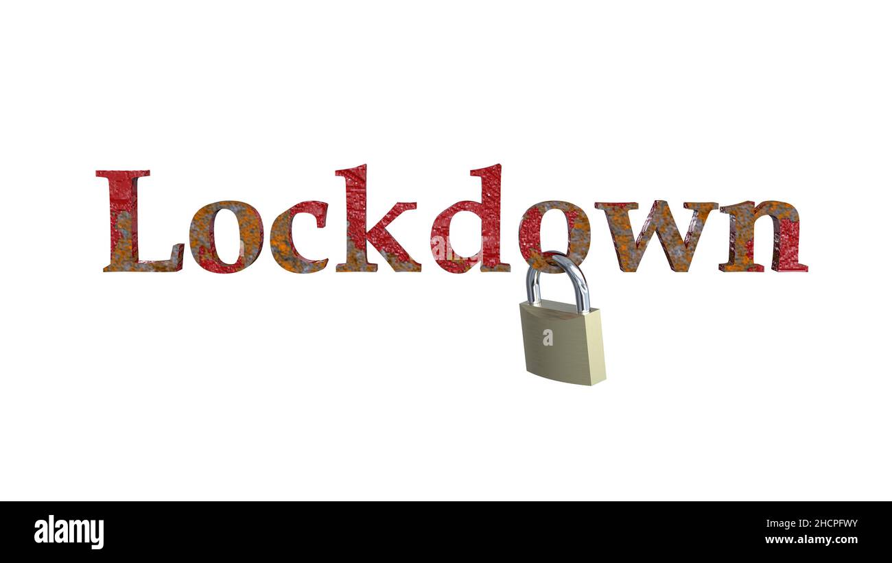 red rusty block lockdown word with closed padlock abstract background ...