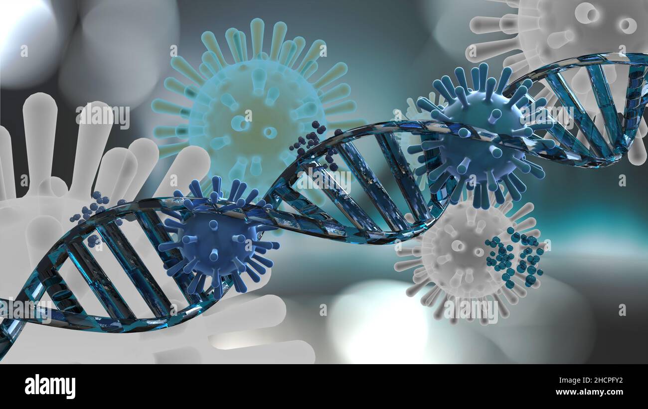 rotating dna strand with intermitting covid 19 like virus corona abstract 3D rendering Stock ...
