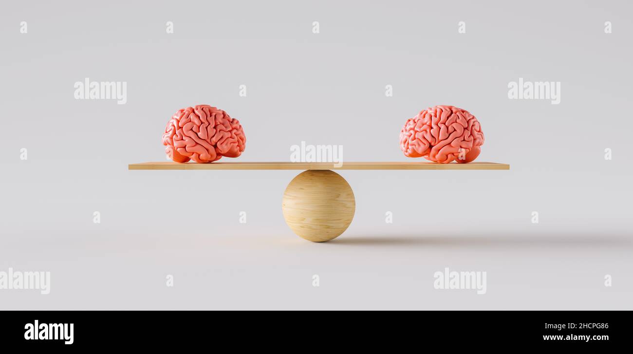 wooden scale balancing two human brains Stock Photo - Alamy
