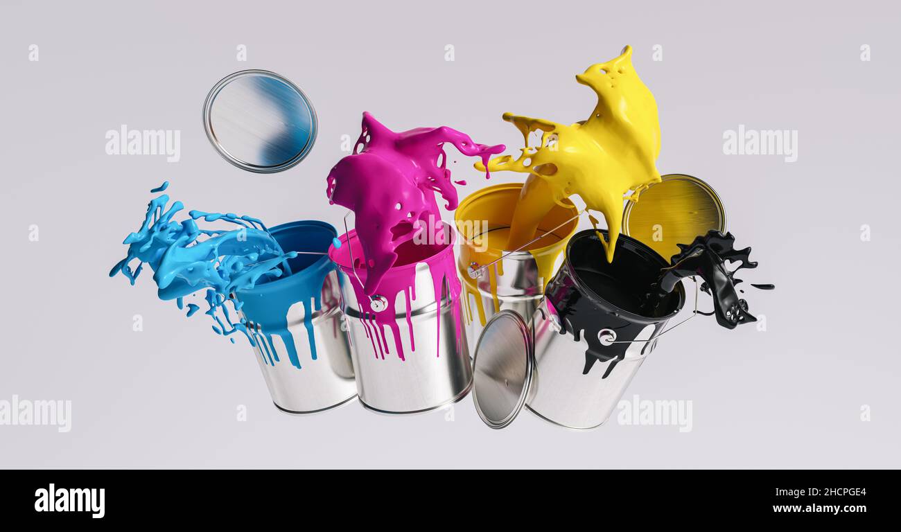 Four paint cans splashing CMYK colors, printing concept image Stock ...