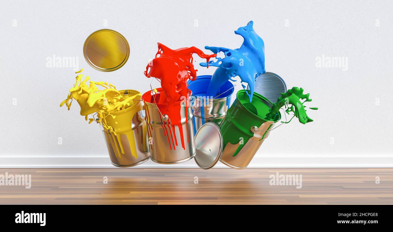 Four paint cans splashing different colors in a apartment, renovation ...