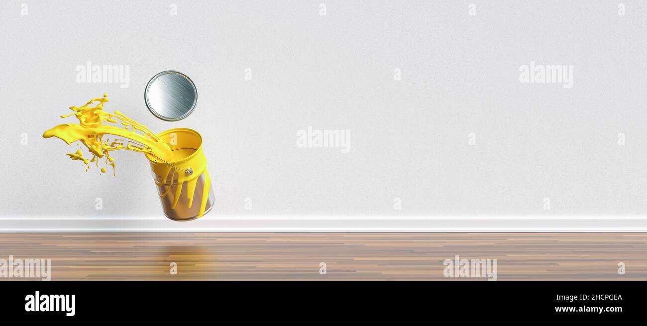 paint can splashing yellow color in a apartment with wall and copy ...