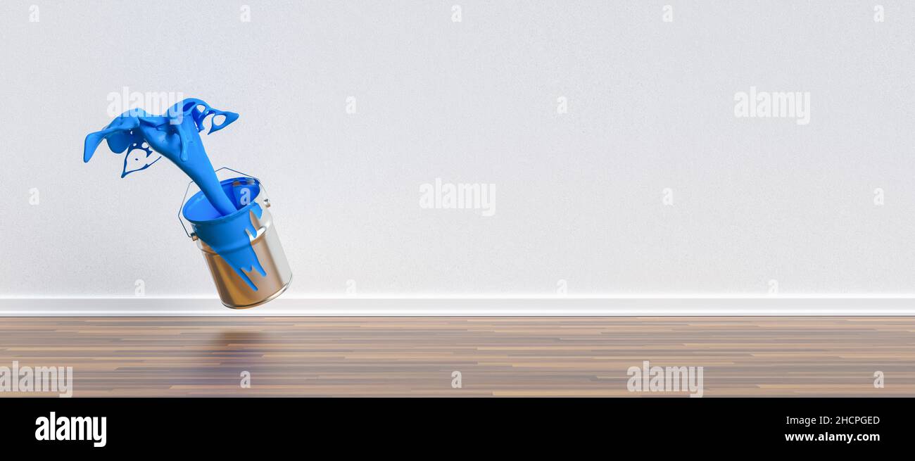 paint can splashing blue color in a apartment with wall and copy space ...