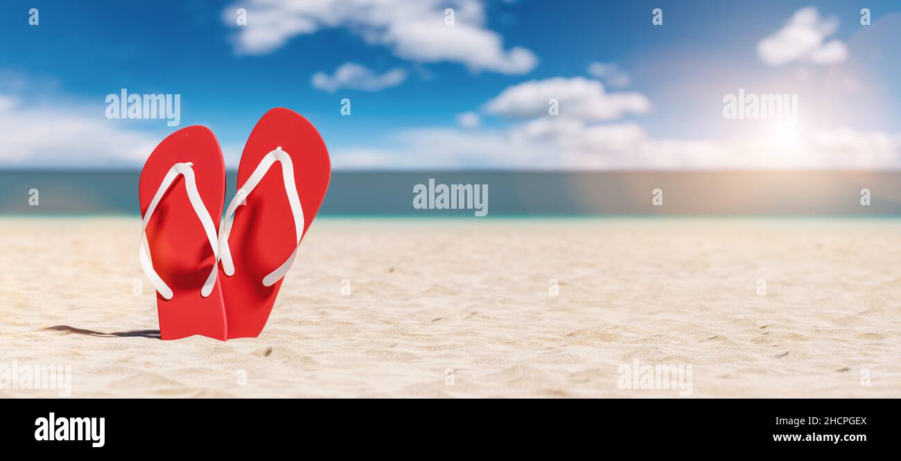 Two red flip-flop sandals on the beach on summer vacation, travel ...