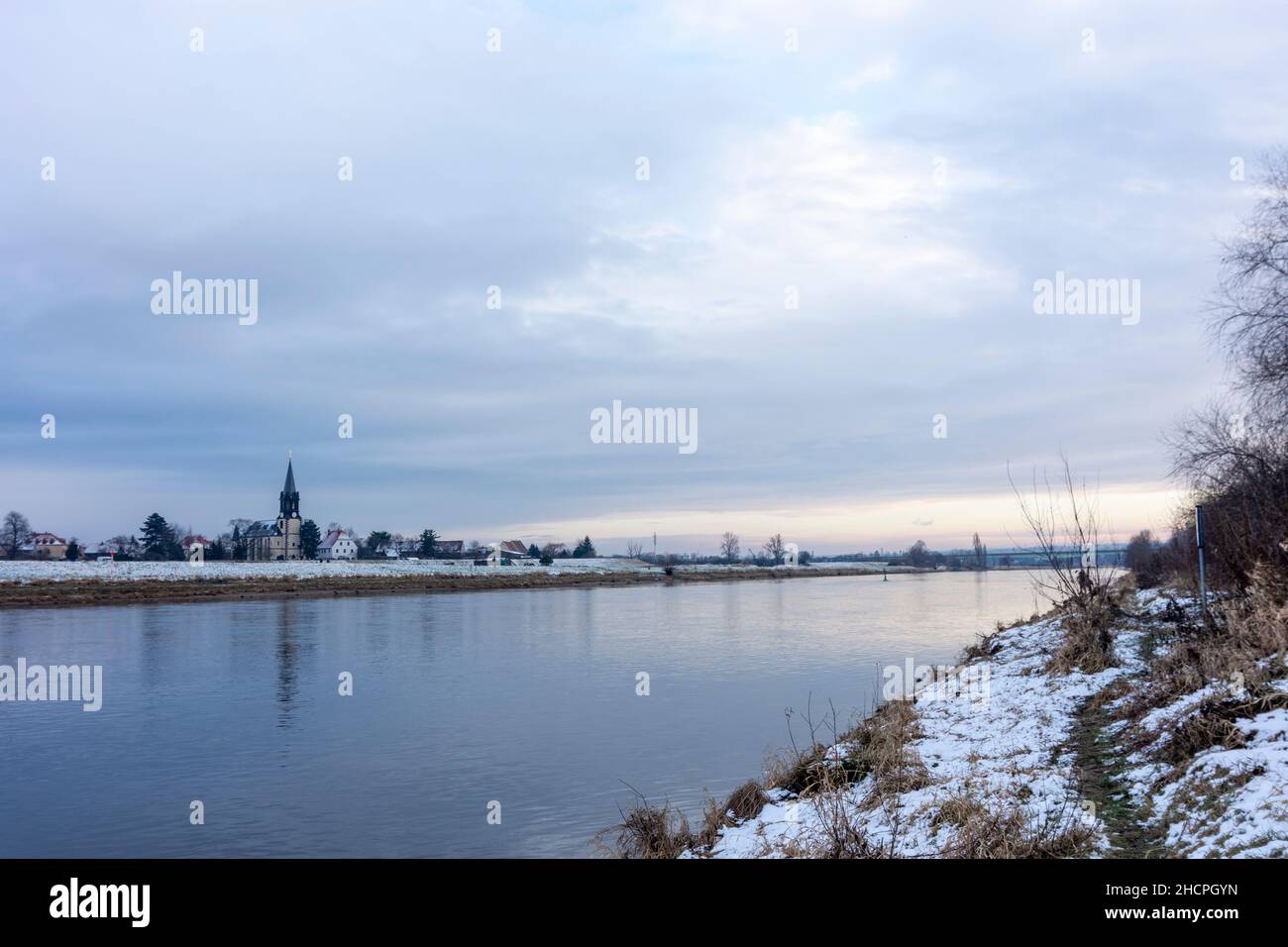 Dresden: river Elbe, church Altkaditz, in , Sachsen, Saxony, Germany ...