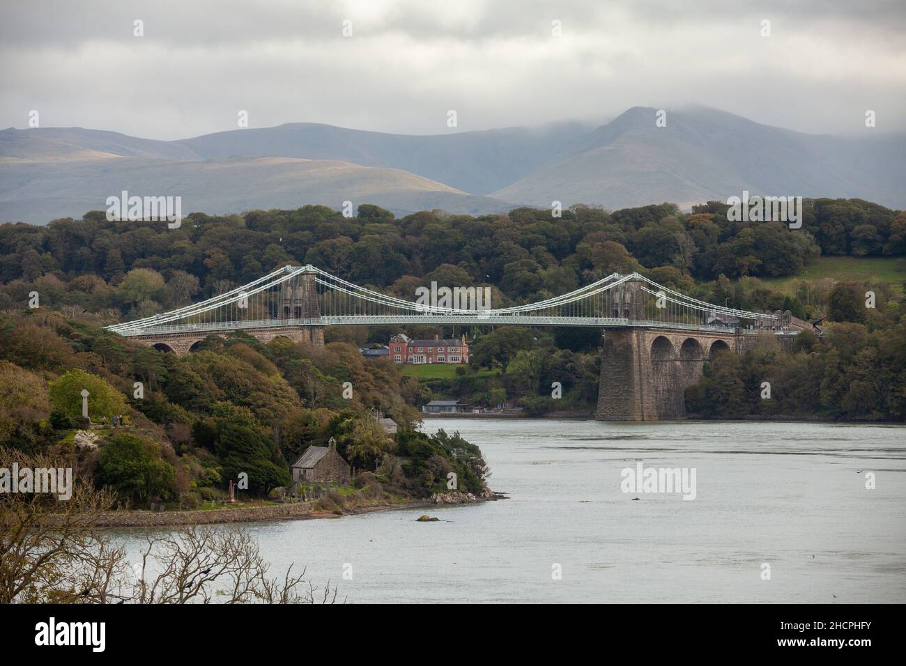 Menai Bridge, crossing the Menai Straits, designed by Thomas Telford ...
