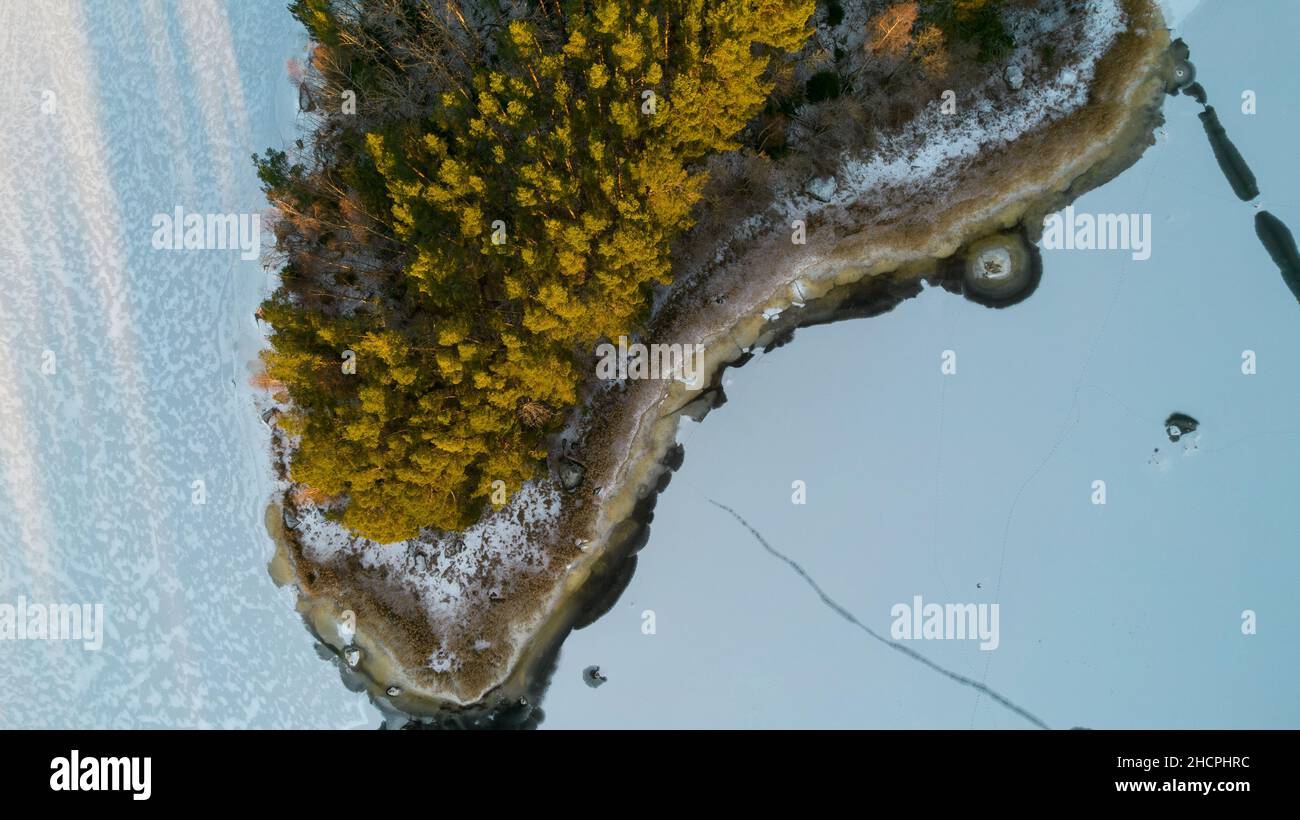 Aerial view of little Swedish village with islands and forests on a ...