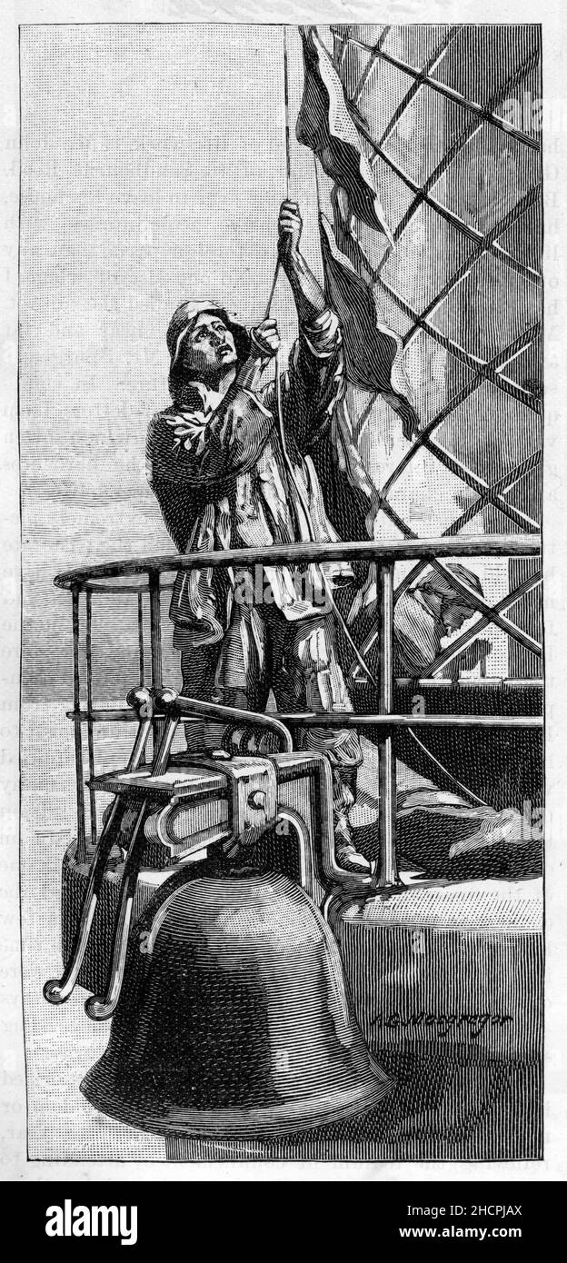 Engraving of lighthouse keeper at work raising flags on the lighthouse ...