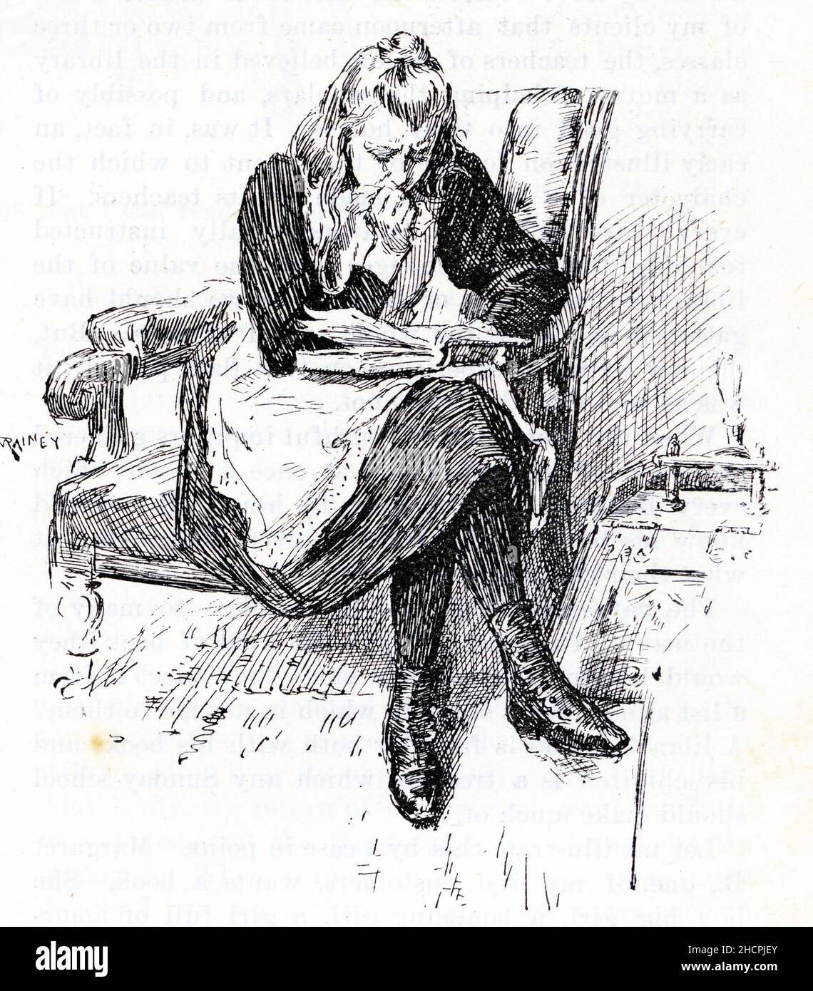 Engraving of a distressed girl reading a book, published 1892 Stock ...