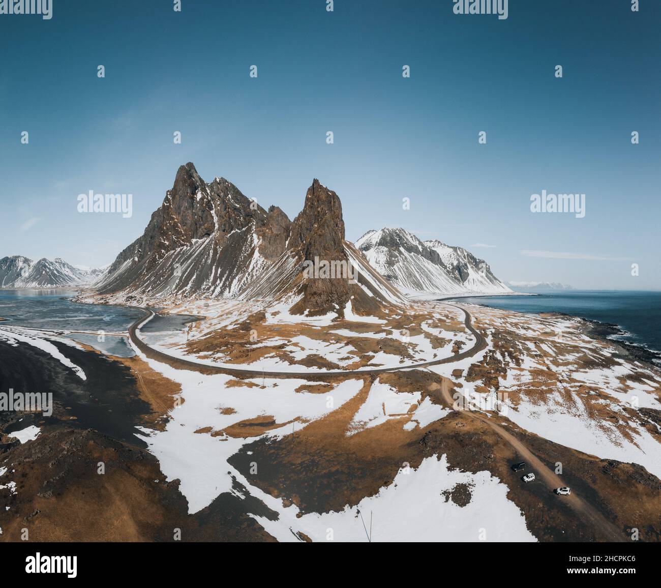 Aerial Drone panorama view of a snow covered Eystrahorn mountain in ...