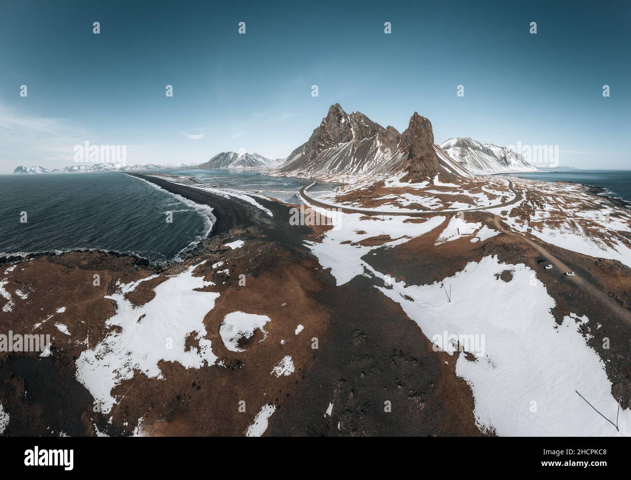 Aerial Drone panorama view of a snow covered Eystrahorn mountain in ...