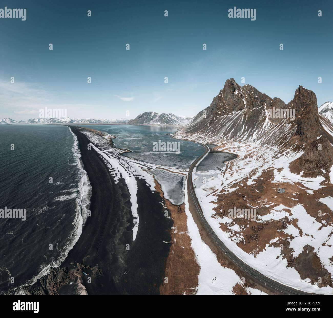 Aerial Drone panorama view of a snow covered Eystrahorn mountain in ...
