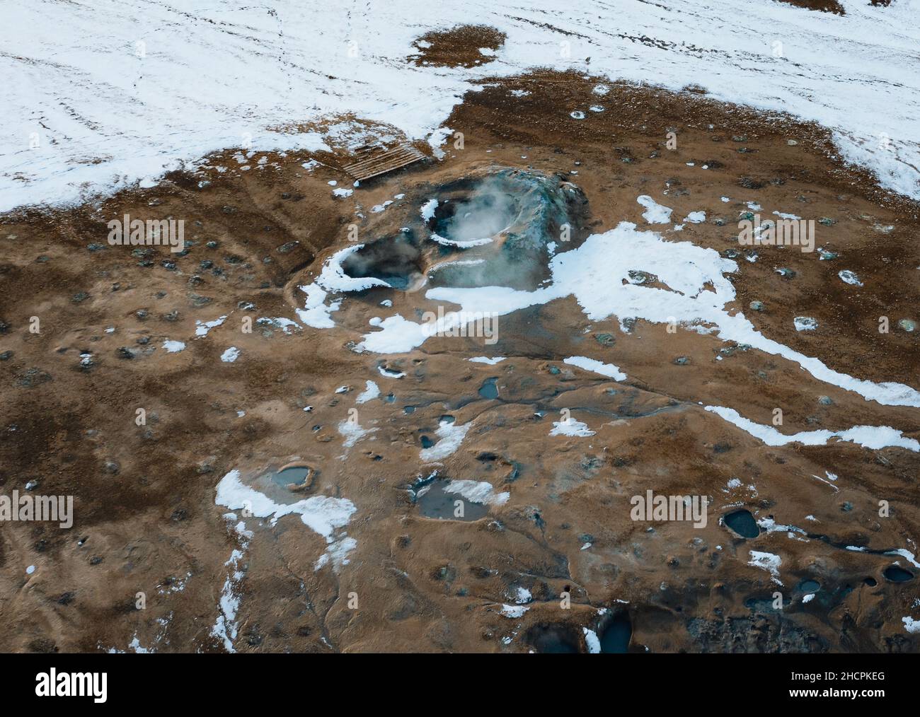 Aerial Drone panorama with hot steam coming from the ground. Hverir is ...