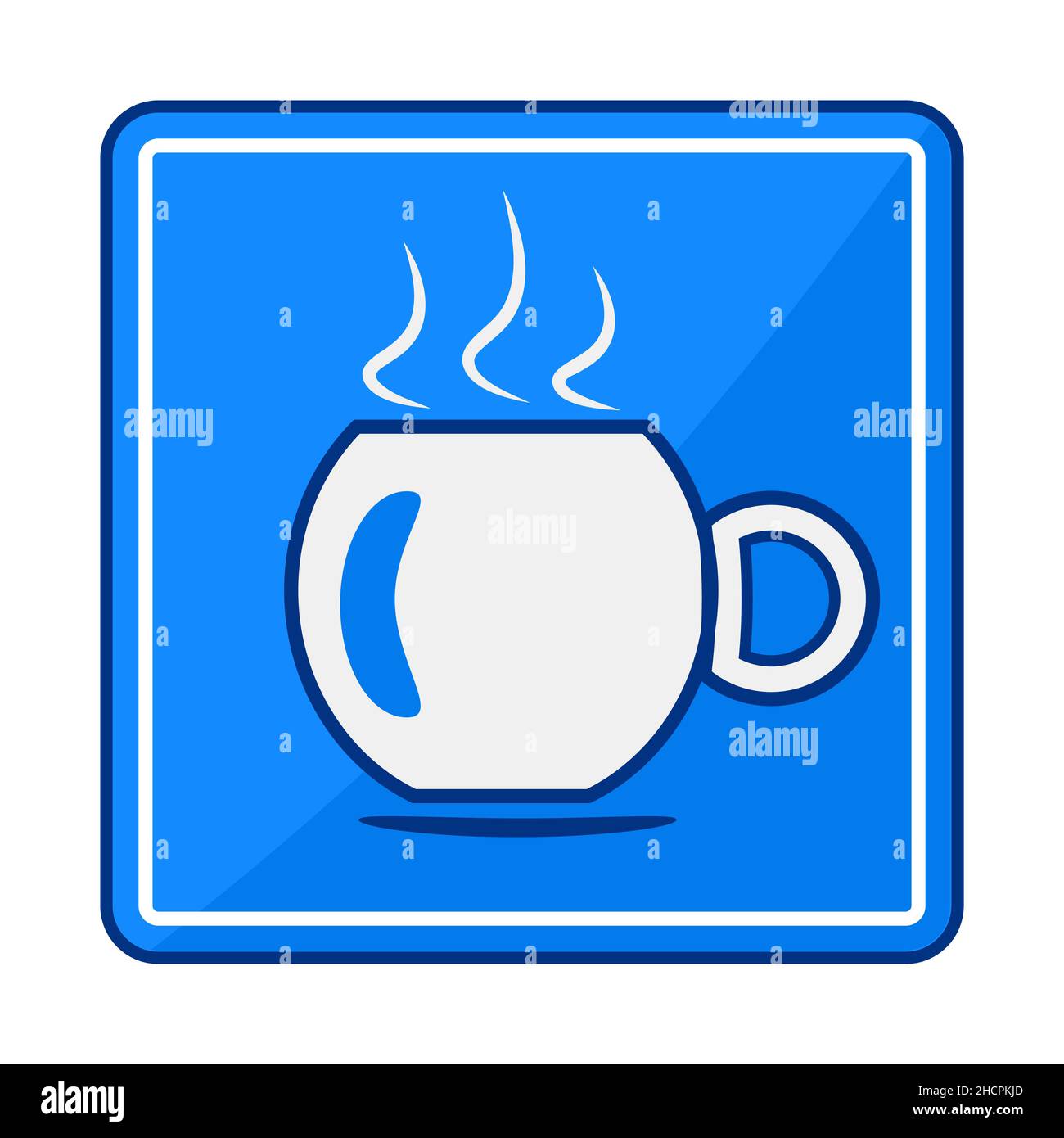 Motorway refreshments road sign. Blue square traffic mark with cup of ...