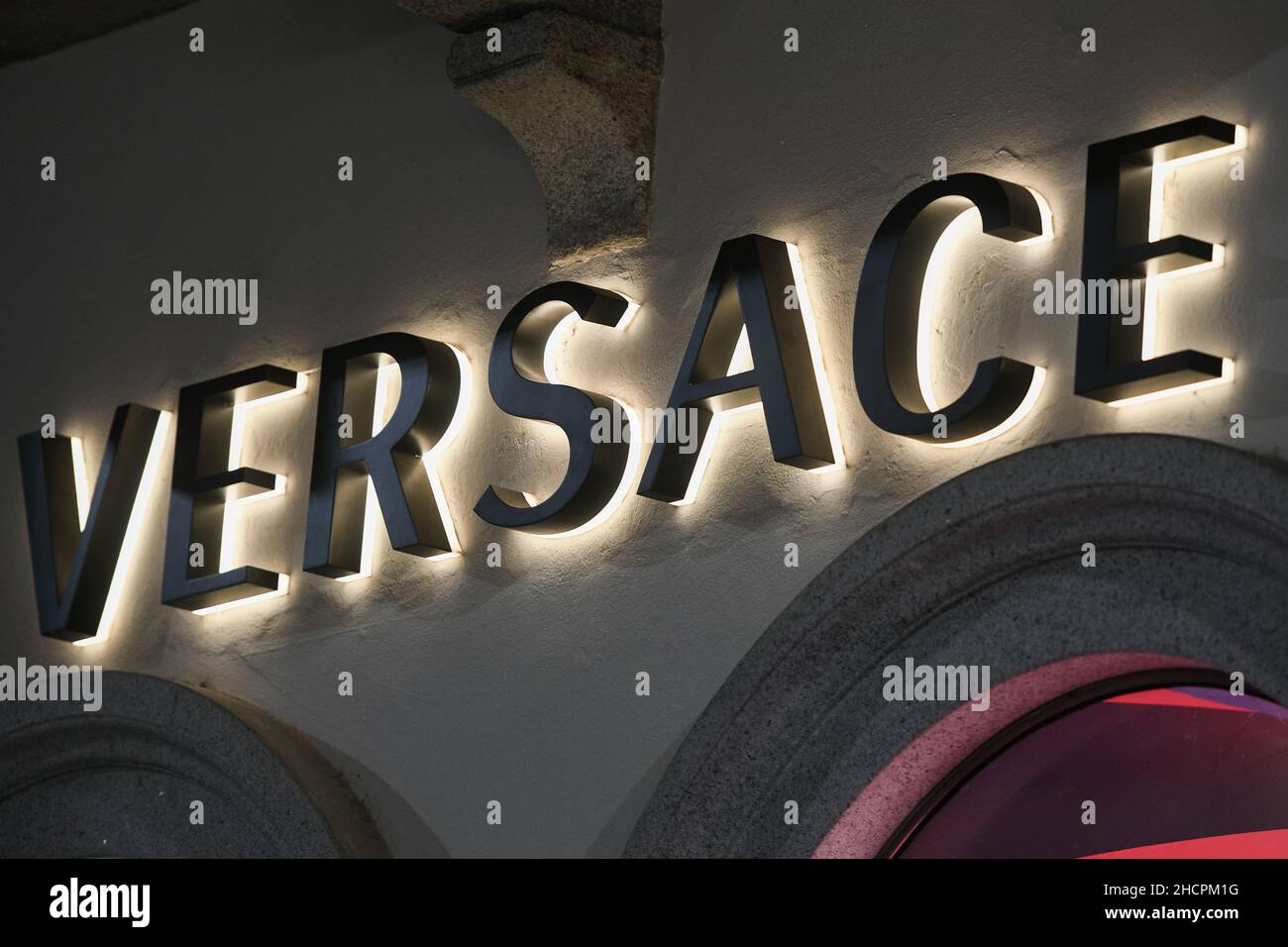 Milan, Italy - September 24, 2021: Versace logo displayed on a facade ...