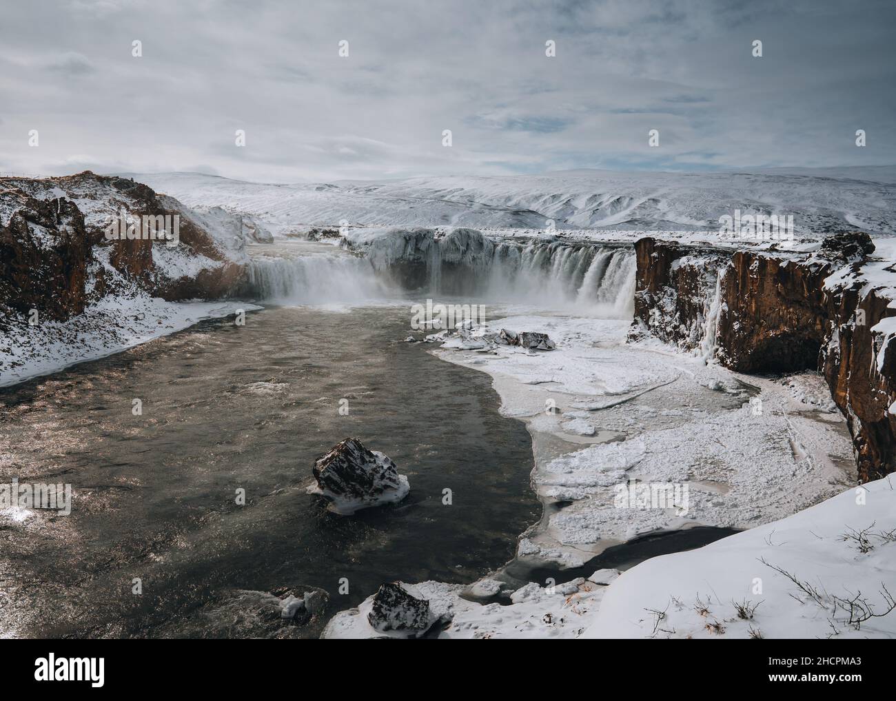 Drone shot of Godafoss waterfall, Iceland, taken from a high angle ...