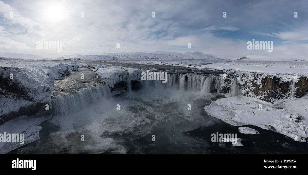 Drone shot of Godafoss waterfall, Iceland, taken from a high angle ...