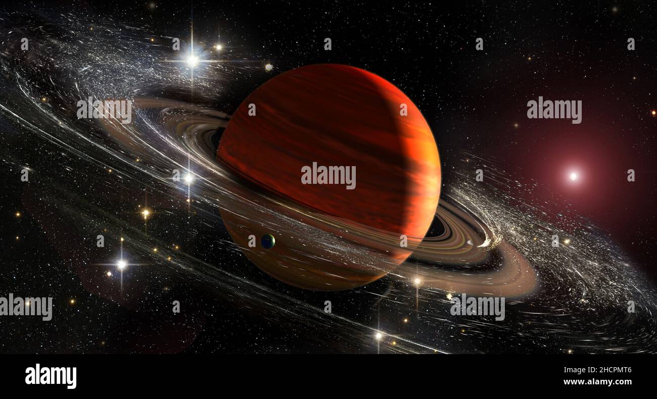 Saturn planet with rings in outer space among star dust and srars ...