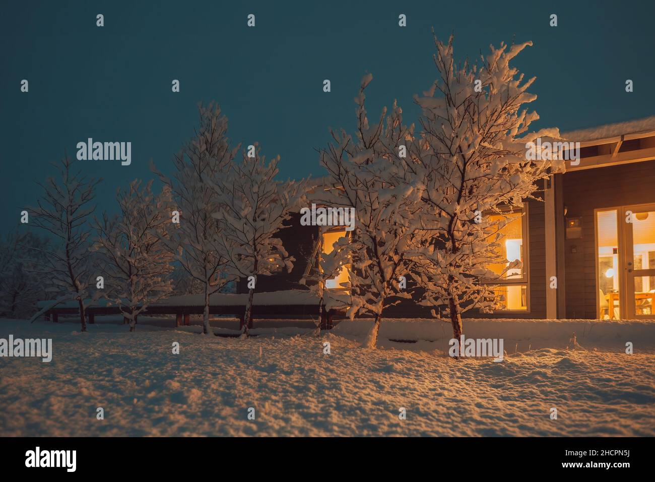 Winter house in mountain with fresh snow panoramic landscape. Beautiful ...