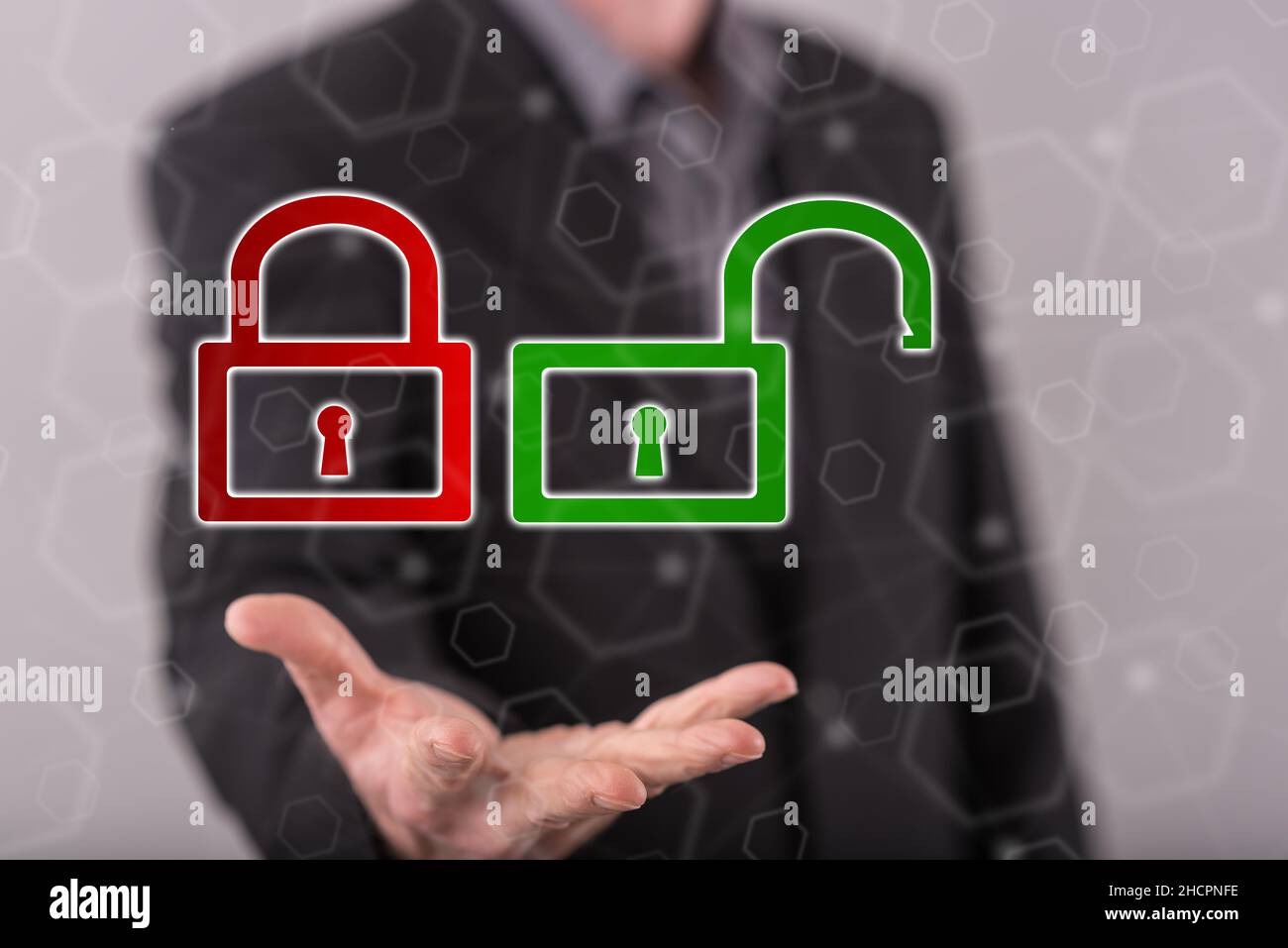 Cyber security concept above the hand of a man in background Stock ...