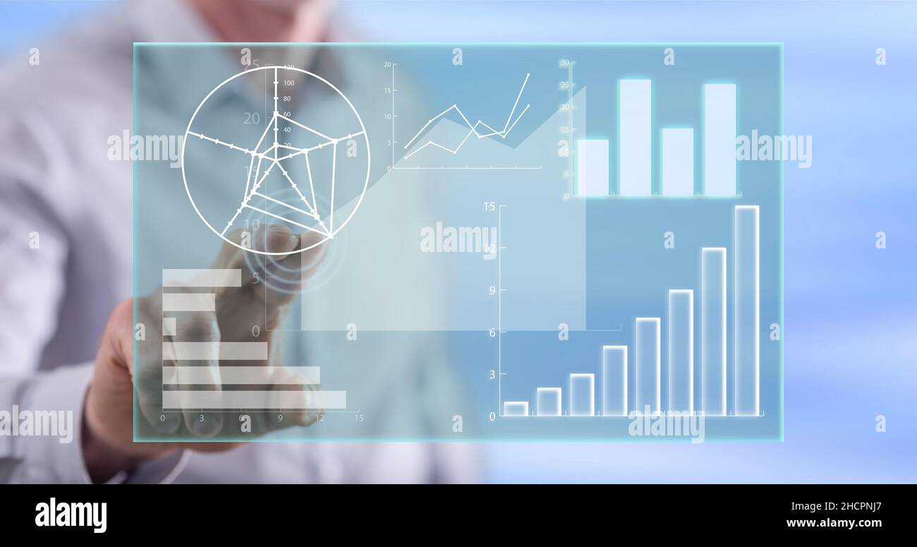 Man touching a data analysis concept on a touch screen with his finger ...