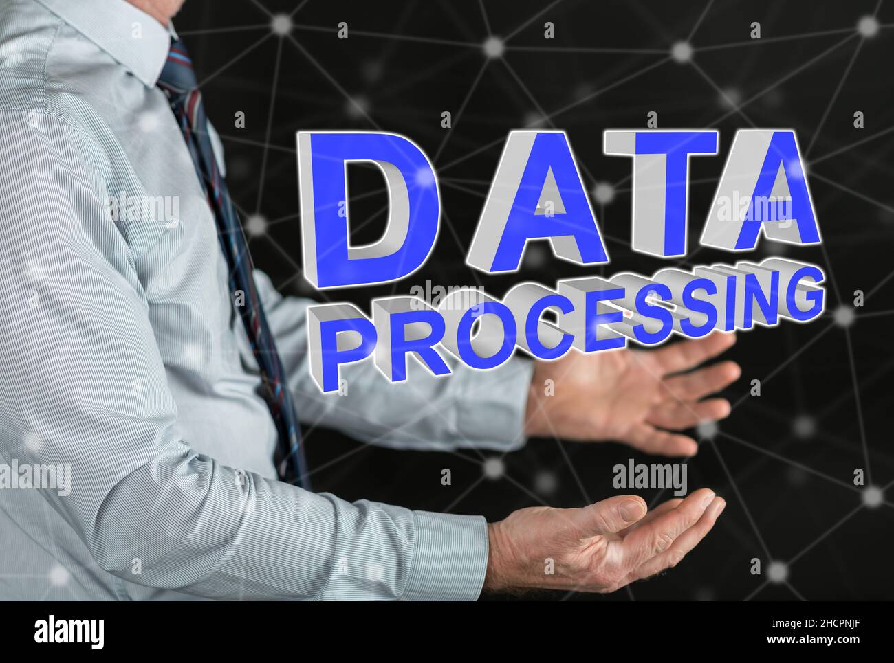 Data processing concept above the hands of a man Stock Photo - Alamy