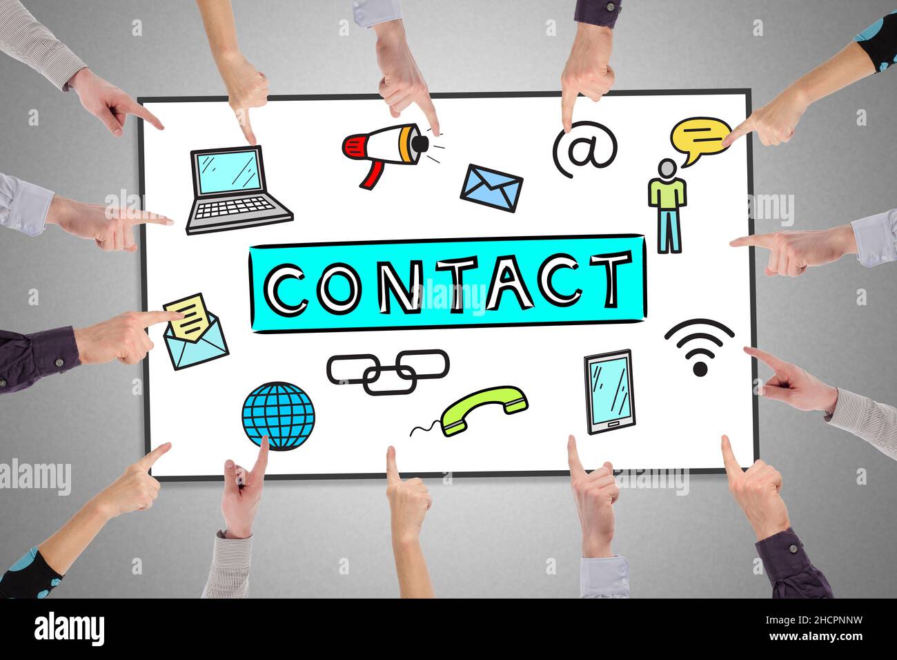 Hands pointing to contact concept Stock Photo - Alamy