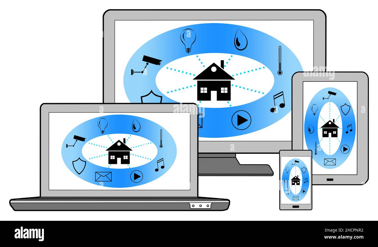 Smart home automation concept on different devices, isolated on white ...