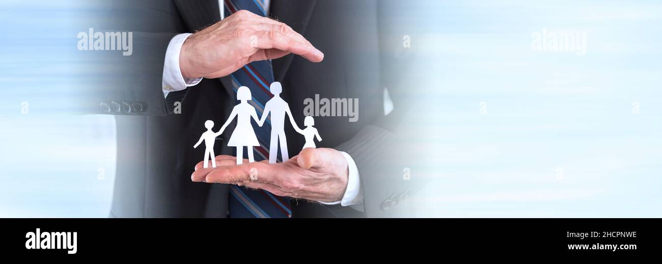 Concept of family insurance with hands protecting a family. panoramic ...