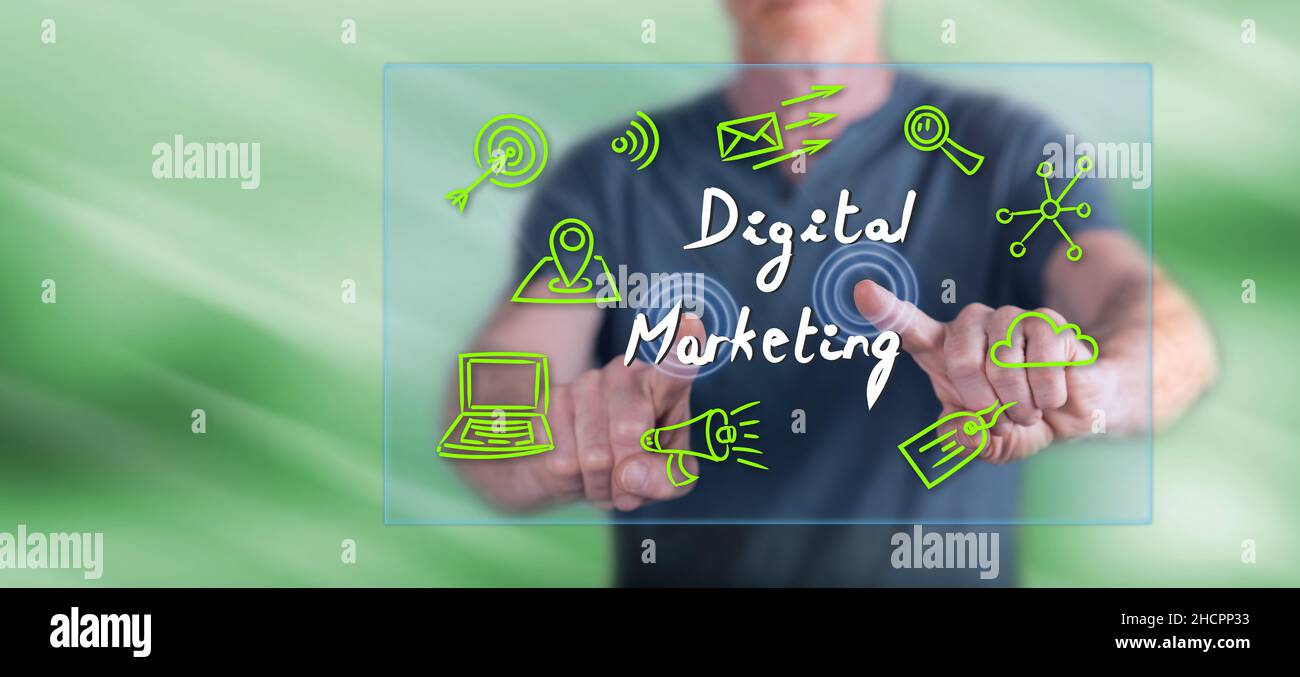 Man touching a digital marketing concept on a touch screen with his ...