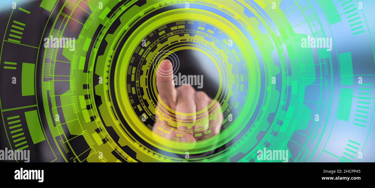 Man touching a tech concept on a touch screen with his finger Stock ...