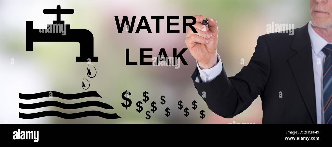 Businessman drawing a water leak concept Stock Photo - Alamy