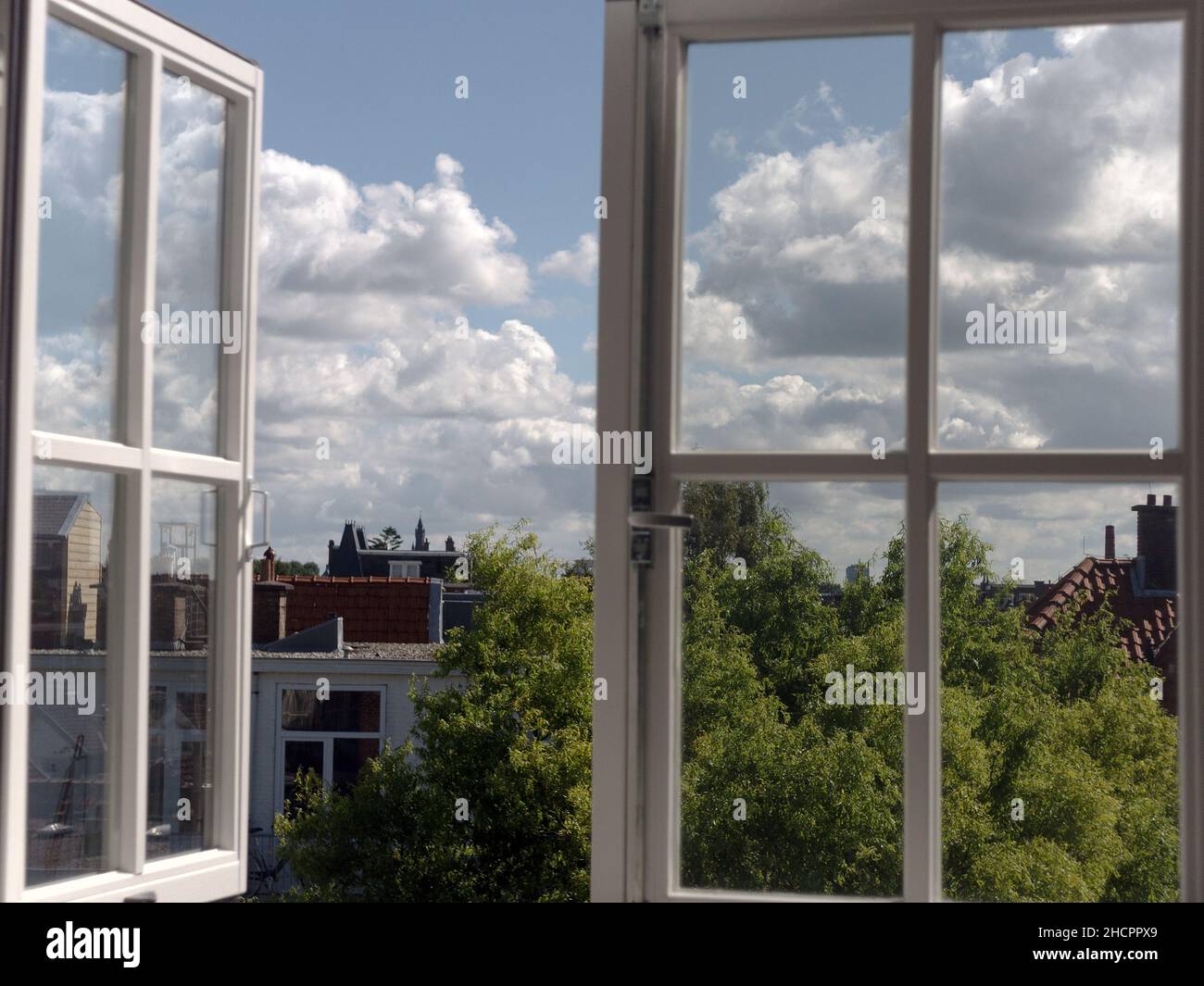 Beautiful view of a village from a white panel window Stock Photo - Alamy