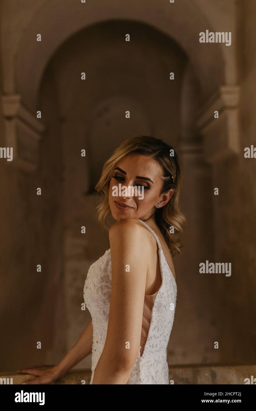 Vertical of a cheerful beautiful Middle Eastern bride posing in her ...