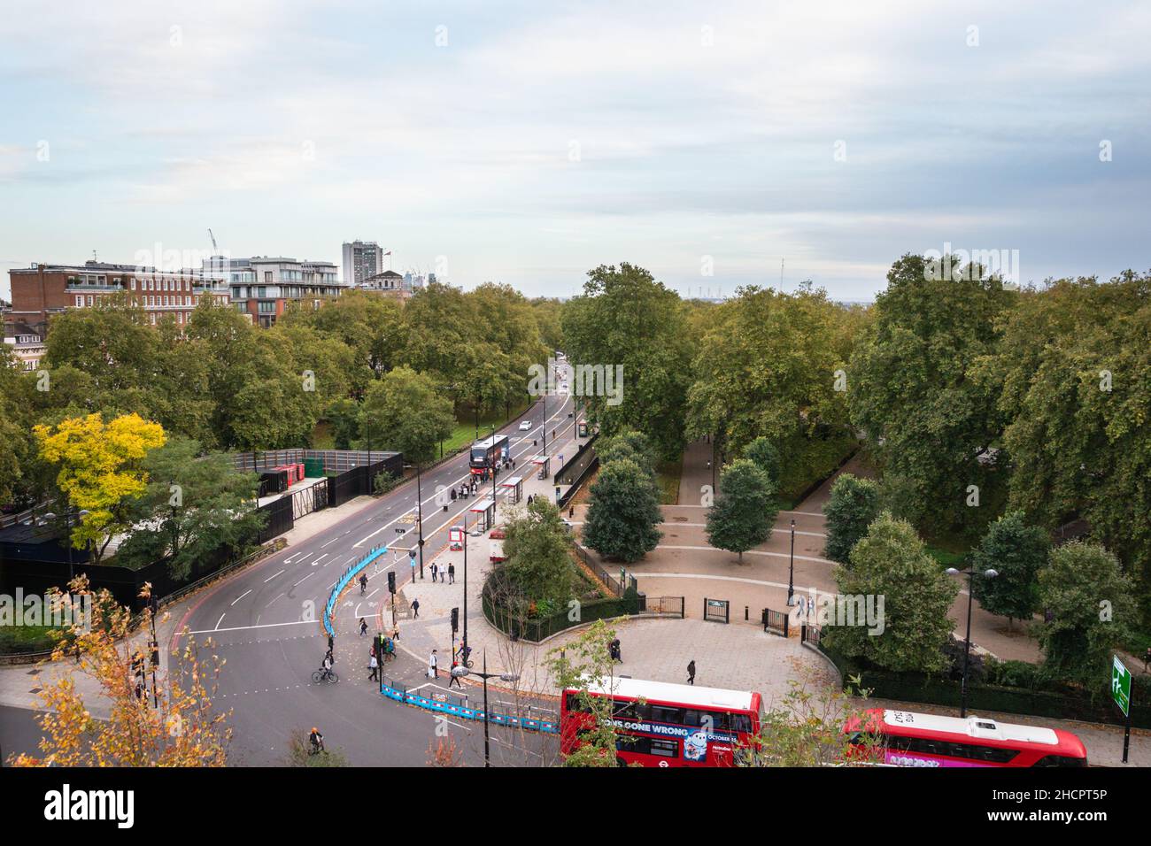 View of the A4202 Park Lane at Marble Arch along Hyde Park, from above ...