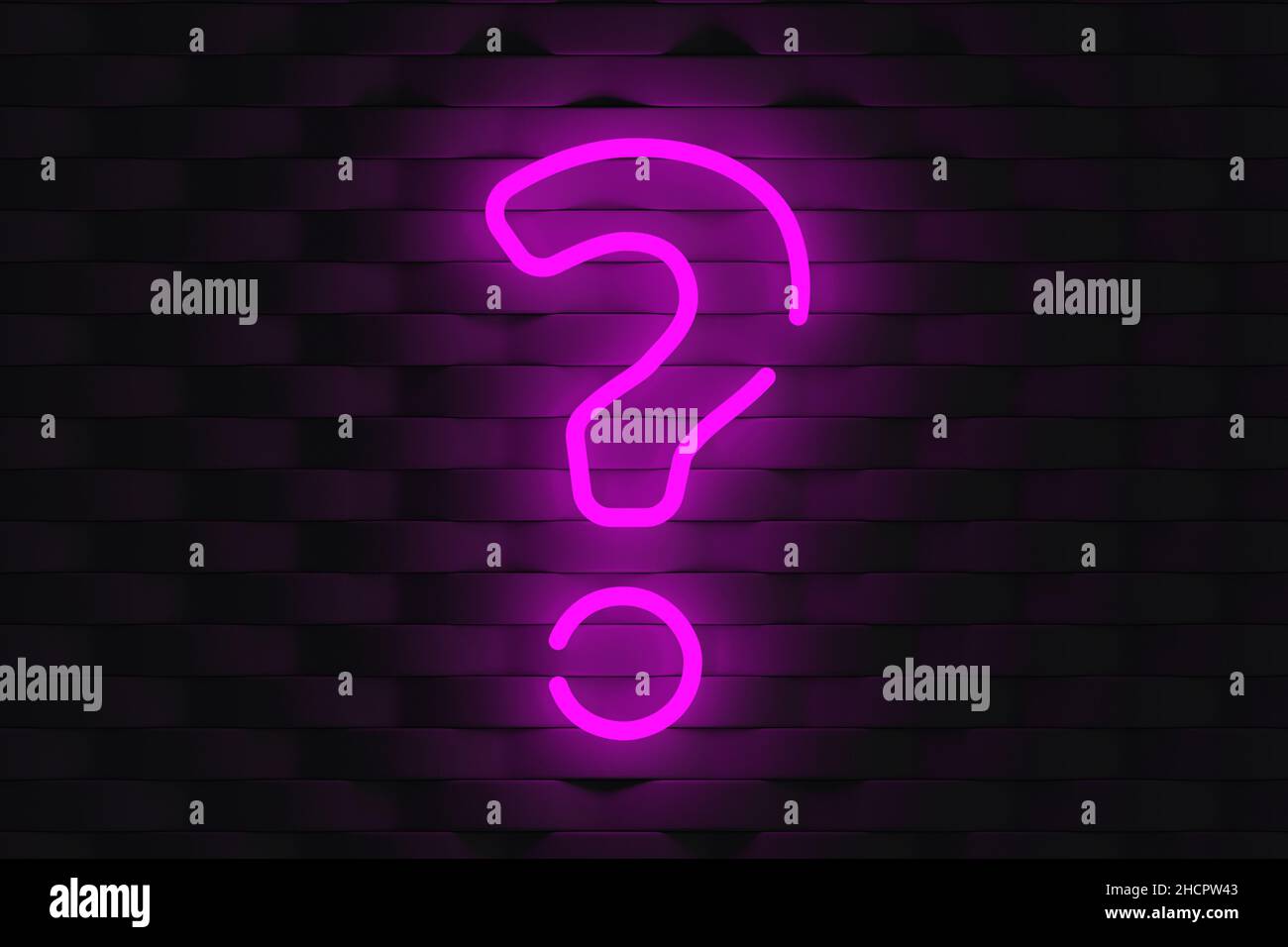 Glowing question mark of violet color on dark wall. Neon effect ...