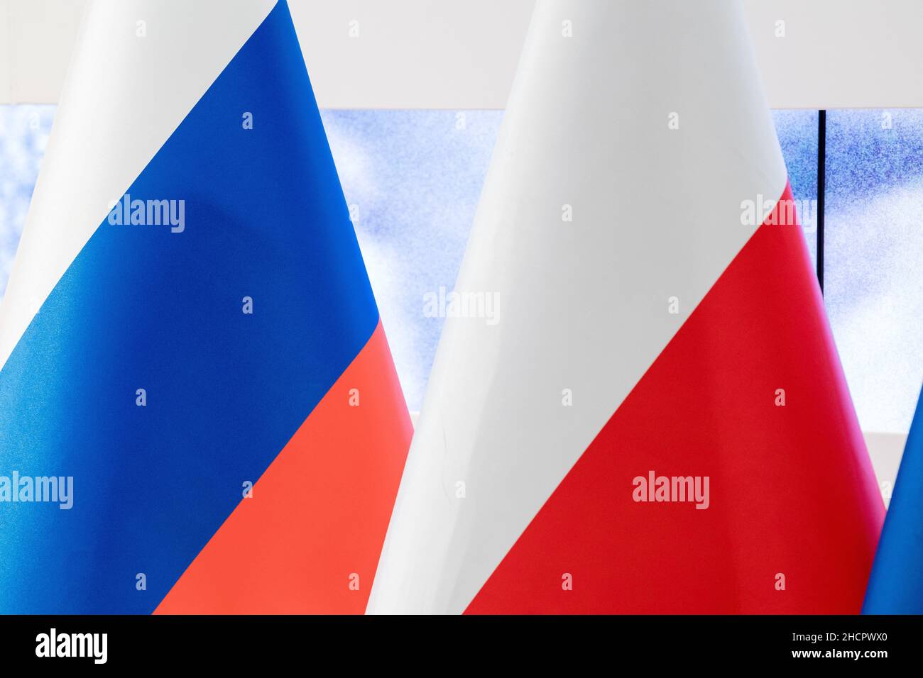 Russian and Polish national flags in Gdansk, Poland. December 11th 2021 ...