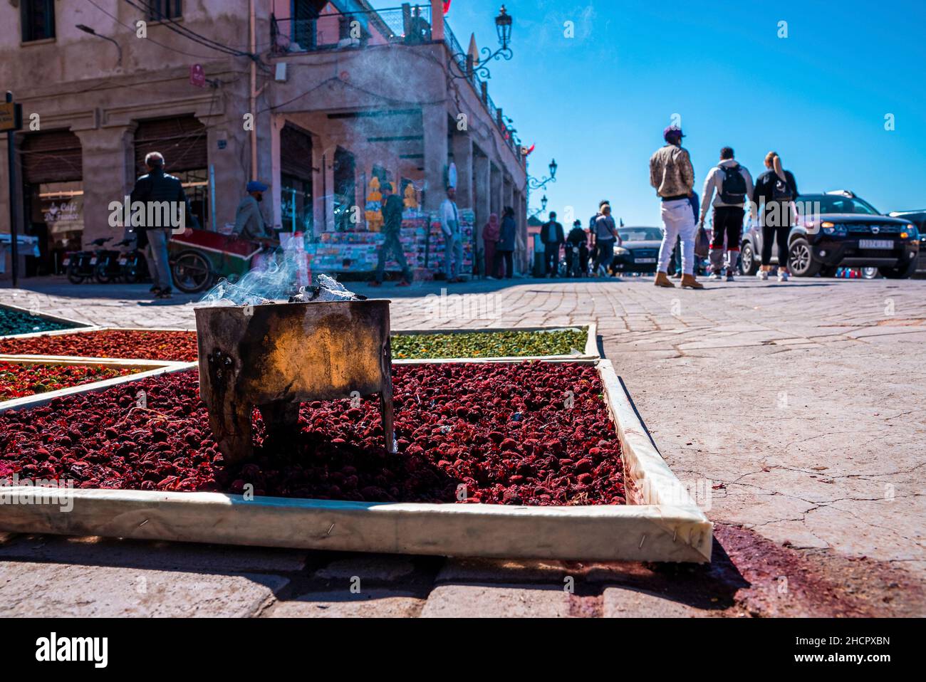 Colorful herbs and spices at a souk with busy street scene Stock Photo ...